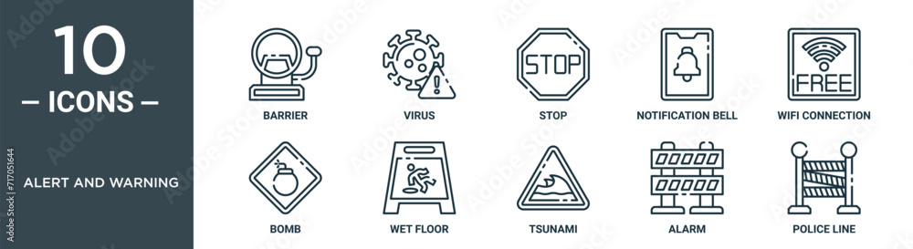 Vetor de alert and warning outline icon set includes thin line barrier ...