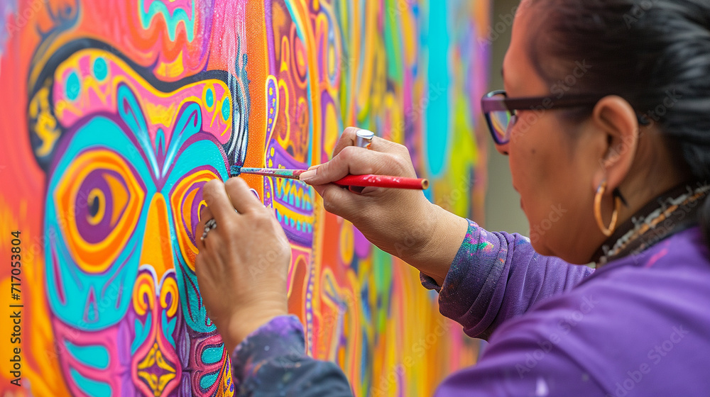 A Native American artist painting a mural that tells the story of their ...