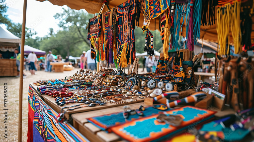 A traditional Native American powwow vendor booth filled with handmade ...
