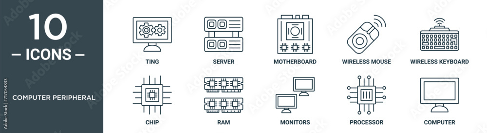 computer peripheral outline icon set includes thin line ting, server ...
