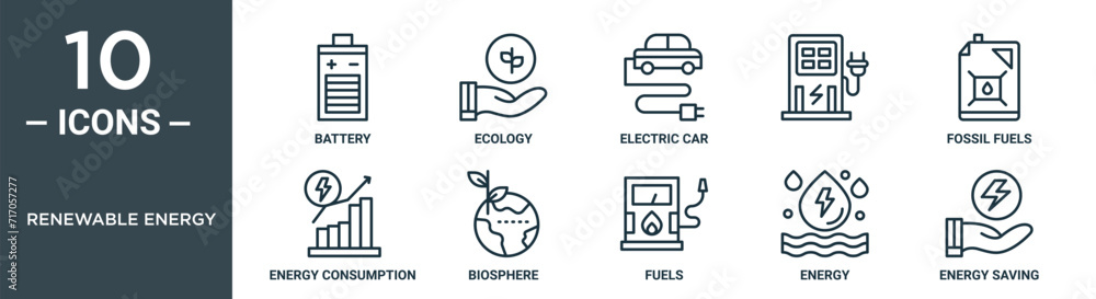 renewable energy outline icon set includes thin line battery, ecology ...