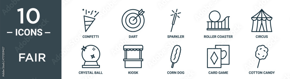 fair outline icon set includes thin line confetti, dart, sparkler ...