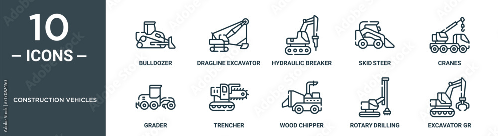 construction vehicles outline icon set includes thin line bulldozer ...