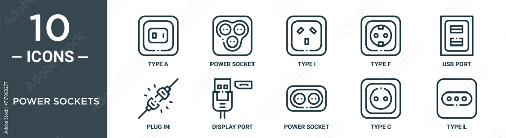 power sockets outline icon set includes thin line type a, power socket ...