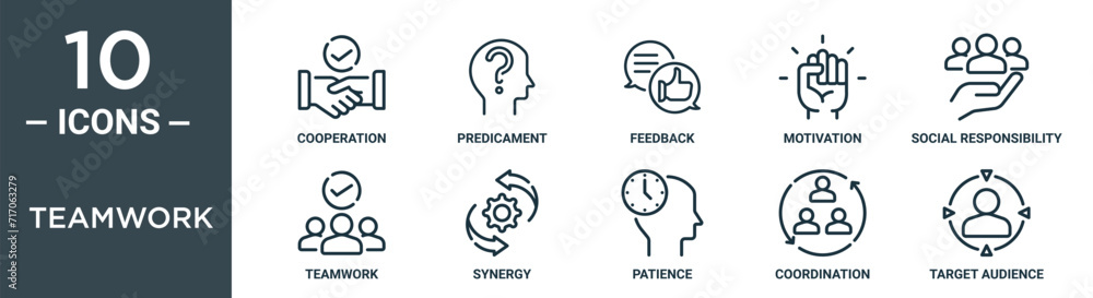 teamwork outline icon set includes thin line cooperation, predicament ...