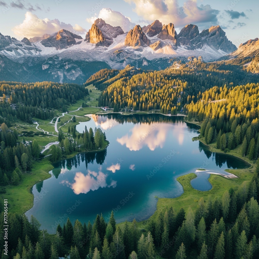 Aerial view of Lago Antorno, Dolomites, Lake mountain landscape with ...