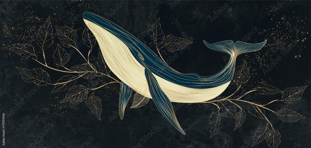 Luxurious dark abstract art background with a set of leaves in golden ...