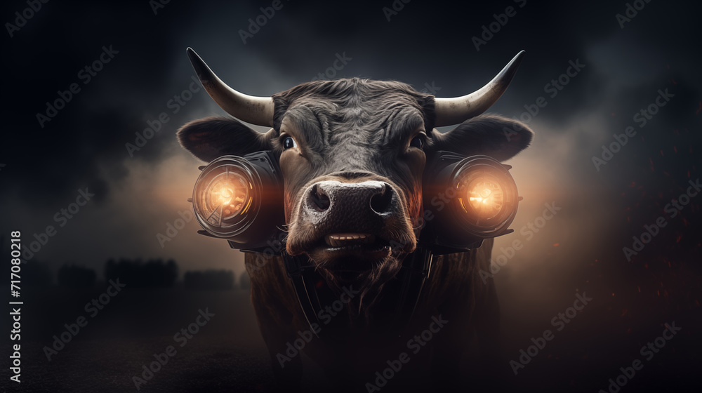 Kopf eines Stier / Bulle / Ochse mit zwei leuchtenden Scheinwerfern ...