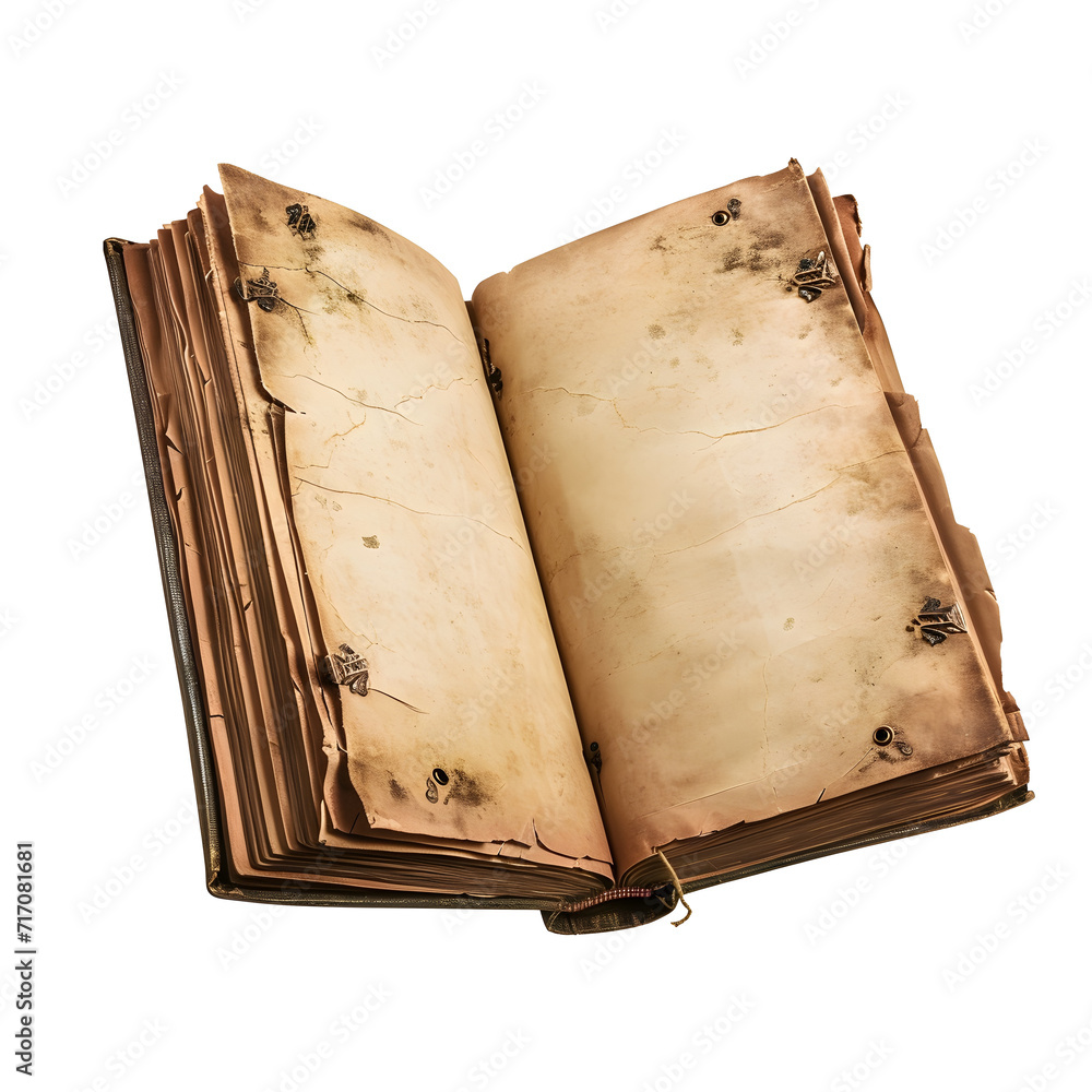 an old book with holes and pages, in the style of realistic fantasy ...