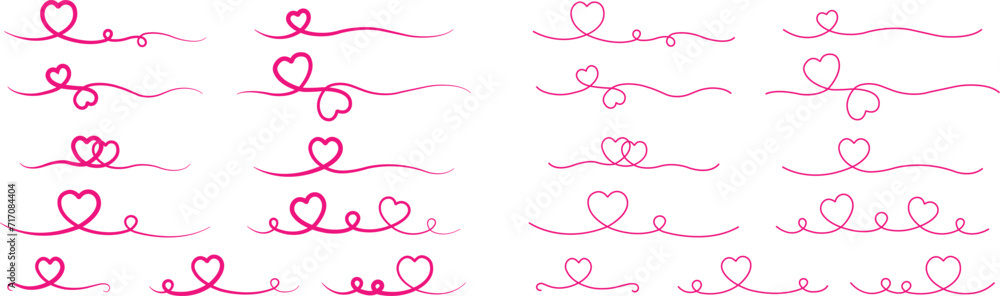 Heart lines bundle hand drawn doodle love linear pink color icon set ...