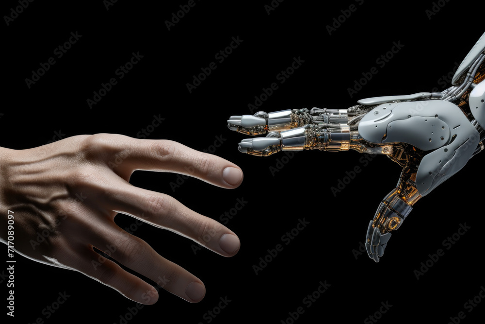 Futuristic Robot Arm Touches Human Hand in Humanity and Artificial ...