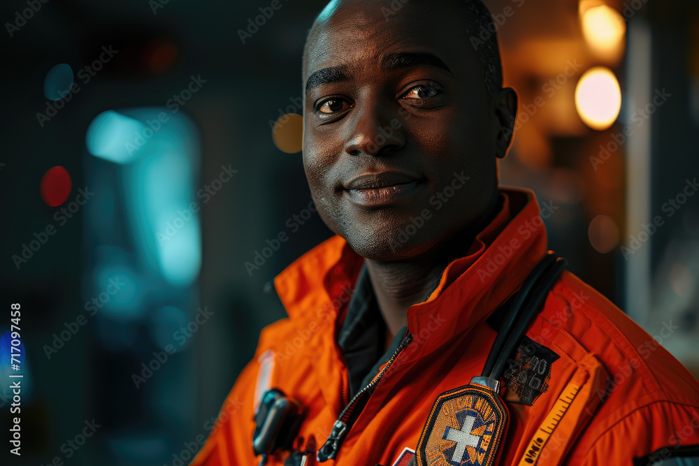 Portrait of a Black African American EMS Paramedic Proudly Standing in ...