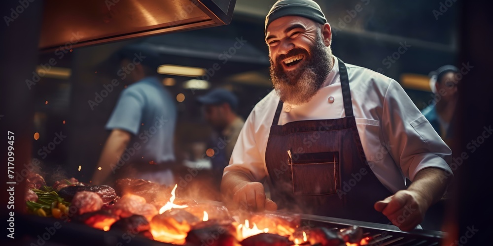 Enthusiastic chef cooking with fiery passion in a bustling restaurant ...