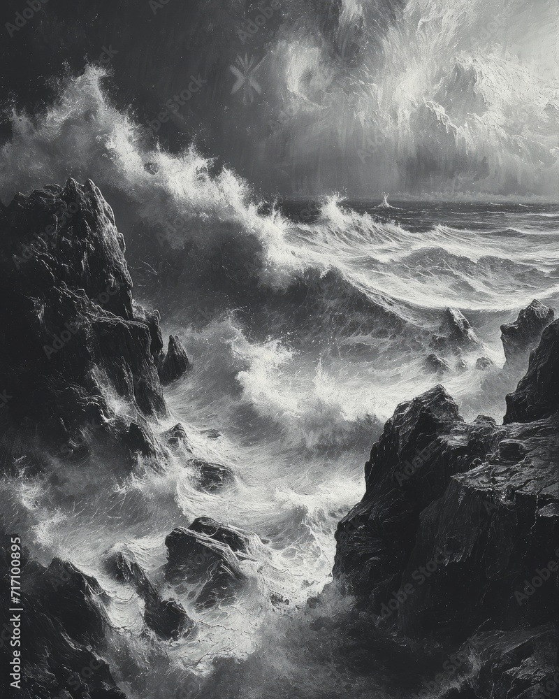 Black and white image of a stormy ocean with huge waves. A seascape ...