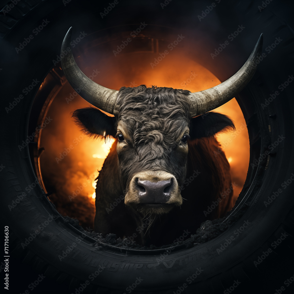 Kopf eines Stier / Bullen / Ochse in einem schwarzen Reifen mit Feuer ...