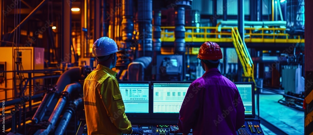 A group of construction workers, clad in fluorescent vests and hard ...