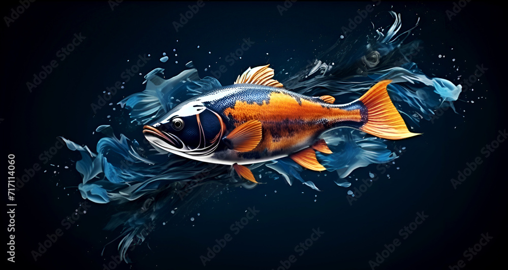 Omega-3 fish oil concept with fish in dynamic water splash on dark ...