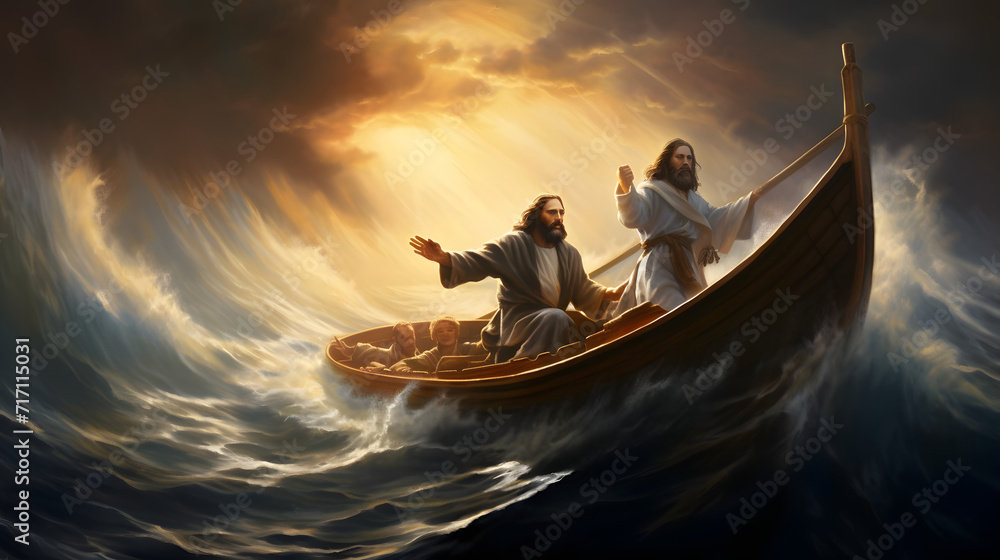 Jesus Christ on the boat calms the storm at sea. Stock Illustration ...