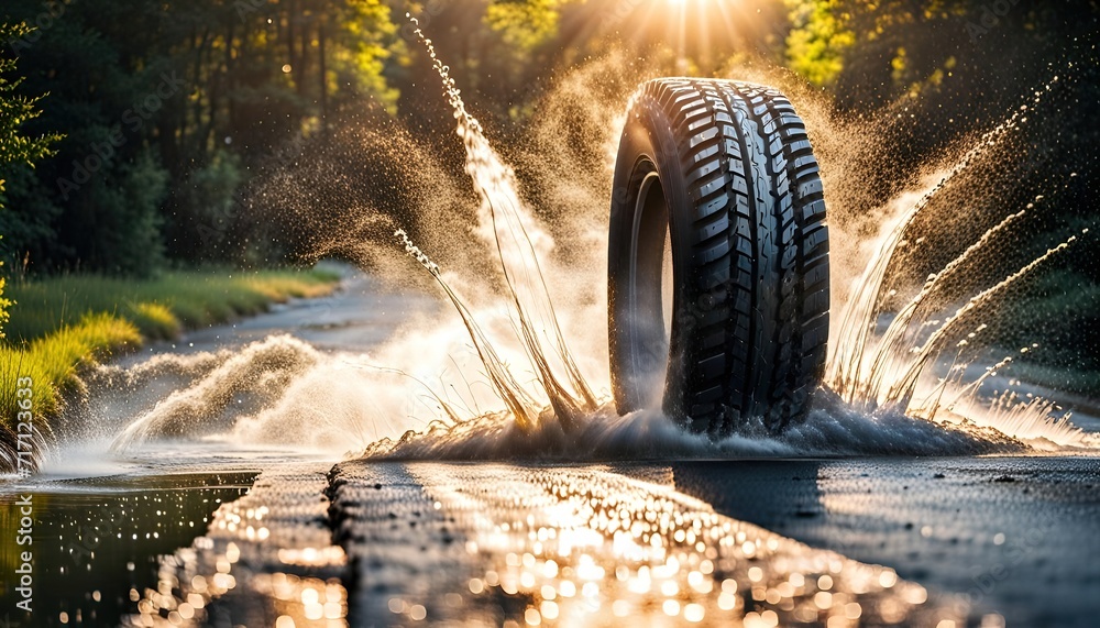 Single car tire standing on the road in difficult weather conditions ...