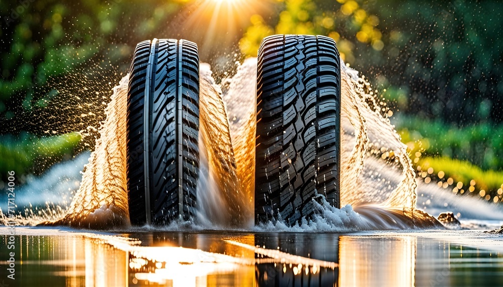 Single car tire standing on the road in difficult weather conditions ...