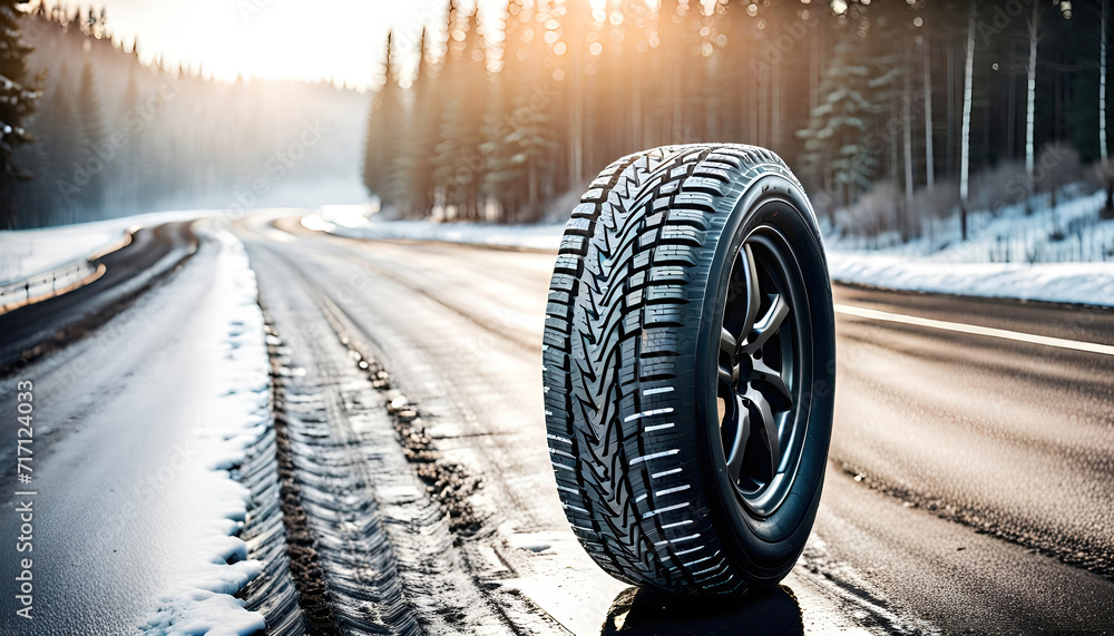 Single car tire standing on the road in difficult weather conditions ...