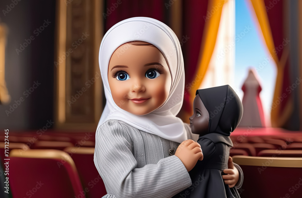 Beautiful muslim girl with hijab and cute doll in hijab in her arms ...