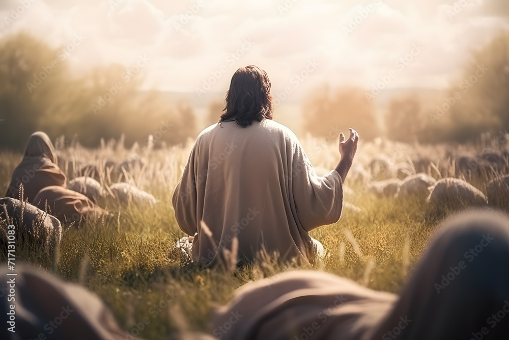 Prayer, christian and flock with man in field for worship, holy spirit ...