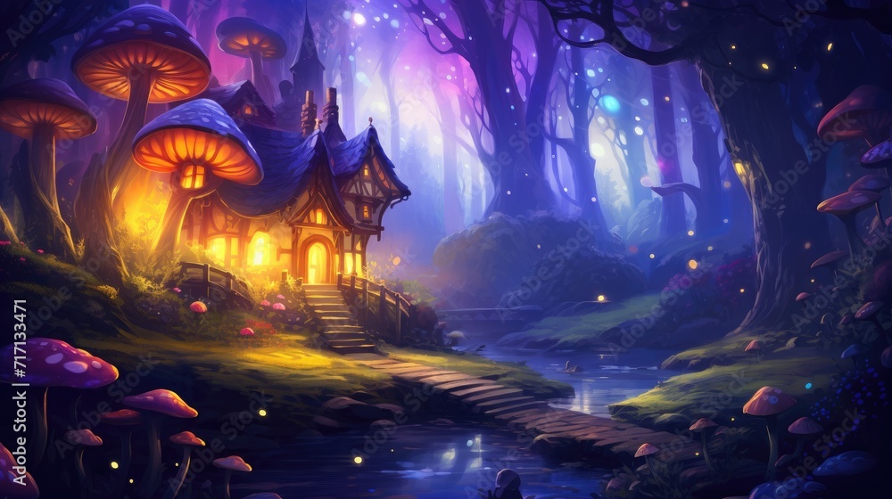 Enchanted forest landscape with magical mushrooms and fairy tale ...