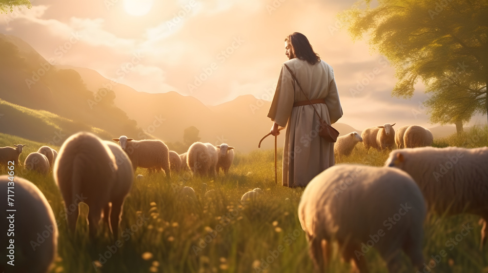 Shepherd Jesus Christ leading the sheep and praying to God and in the ...