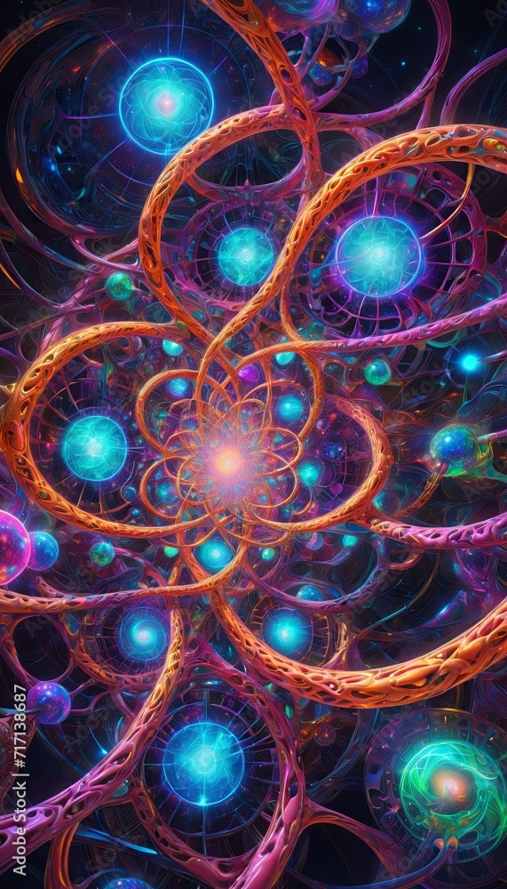Abstract cosmic network with vibrant orbs and energy patterns against a ...