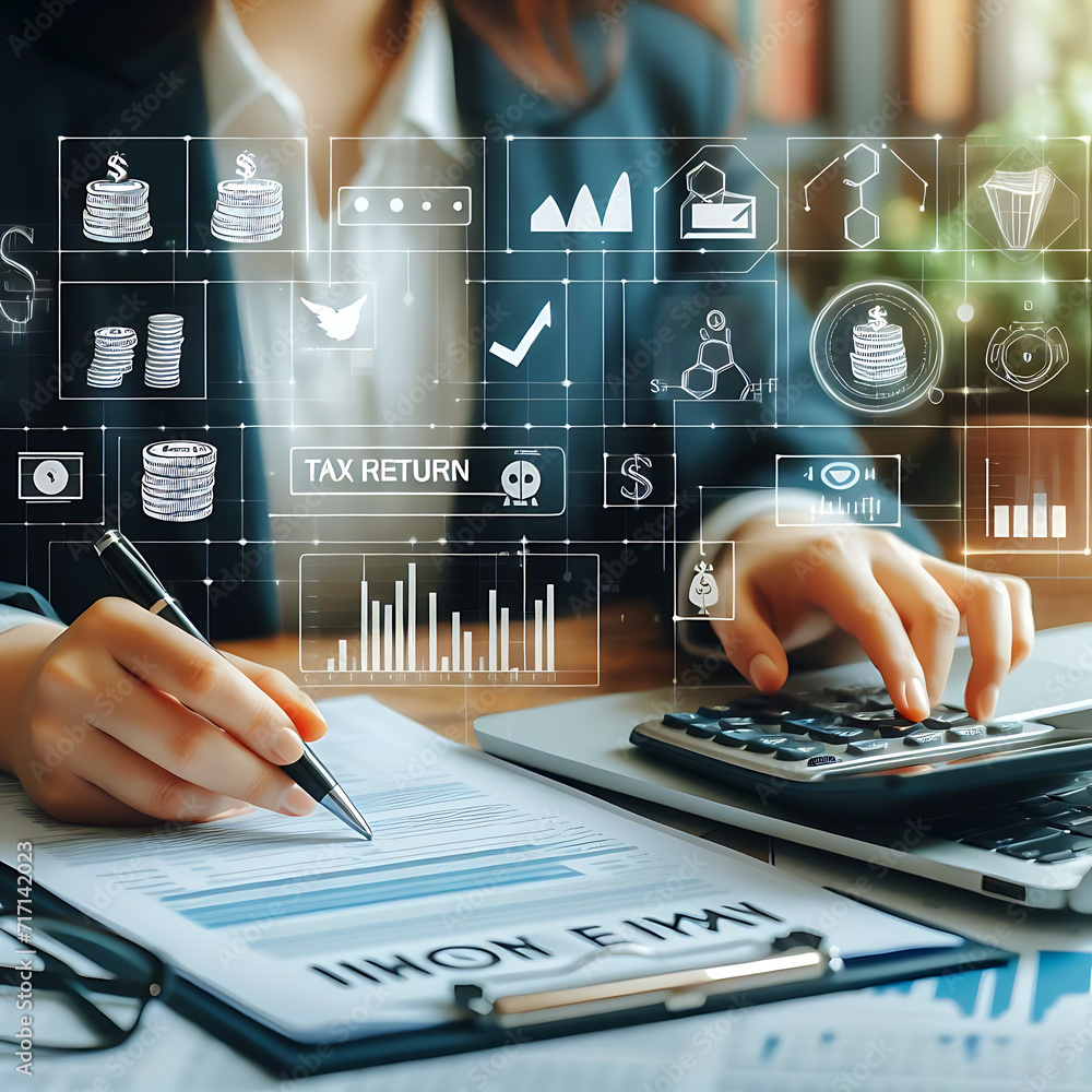 Businesswomen compute government taxes and tax returns using a ...