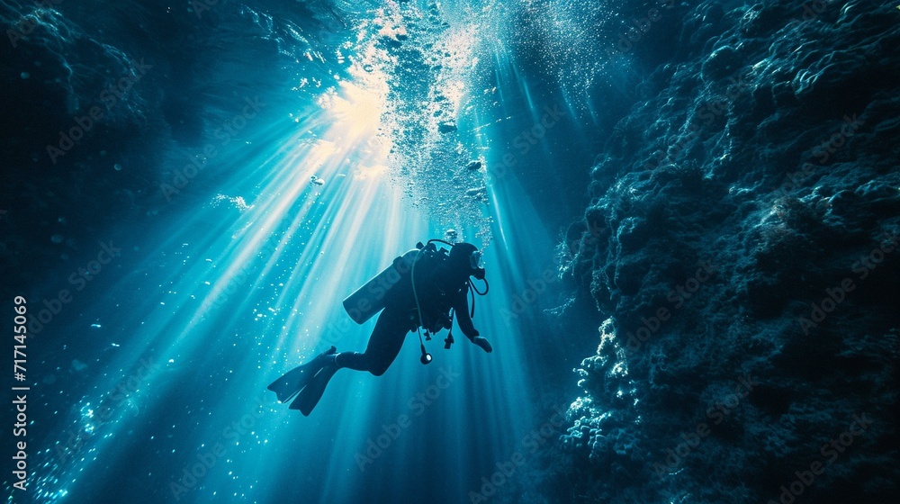 Scuba diver descending into the depths with a powerful underwater ...
