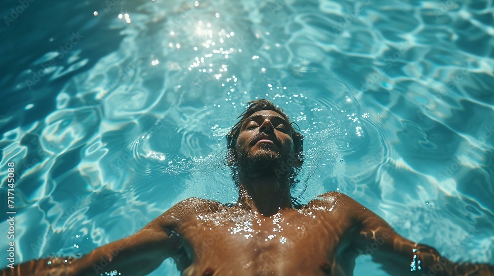 Swimmer enjoying a serene moment of floating on their back in a calm ...