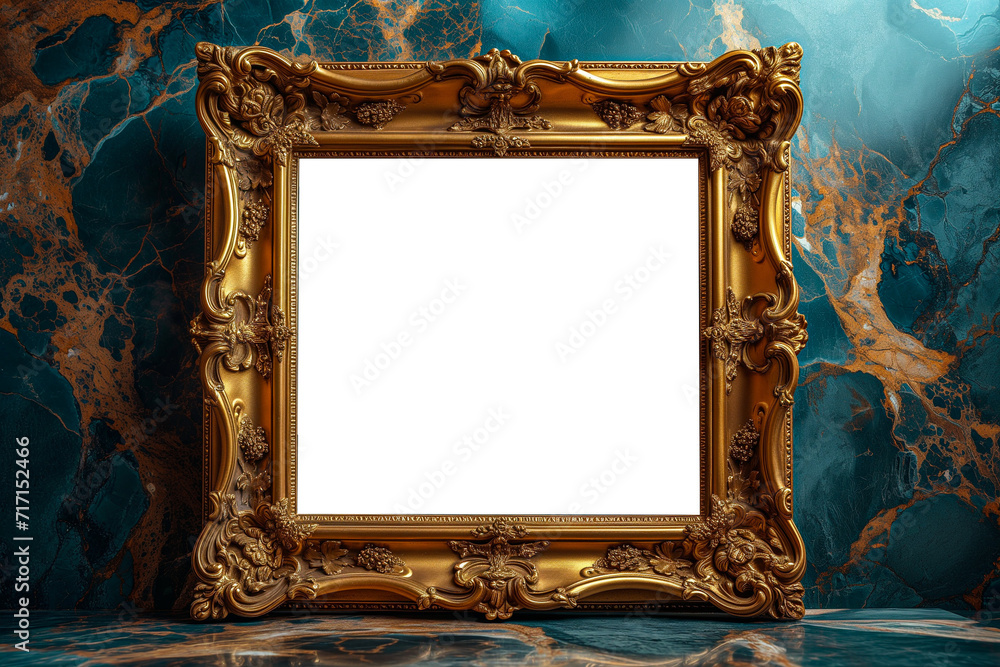 Golden luxury transparent empty photo frame on marble wall, Royal ...