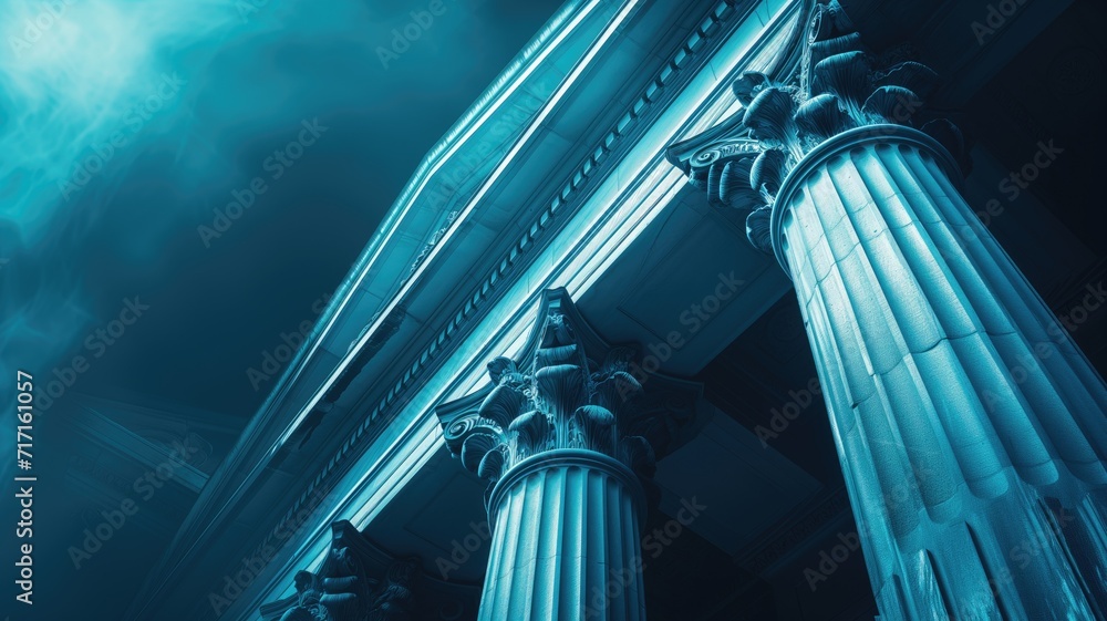 Blue-toned columns and entablature of a neoclassical building Stock ...