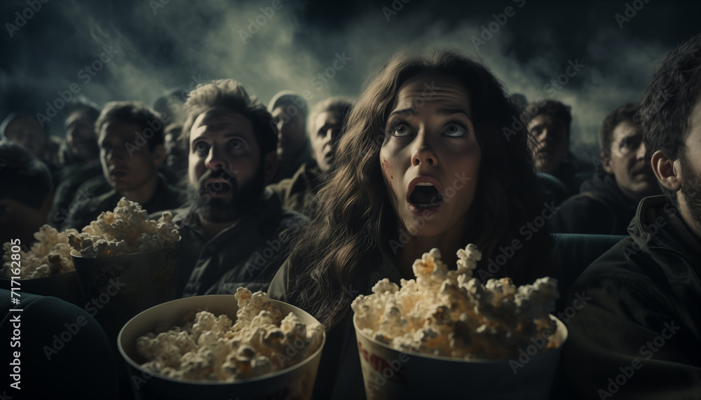 Público joven asustado en el cine viendo una película de terror y ...