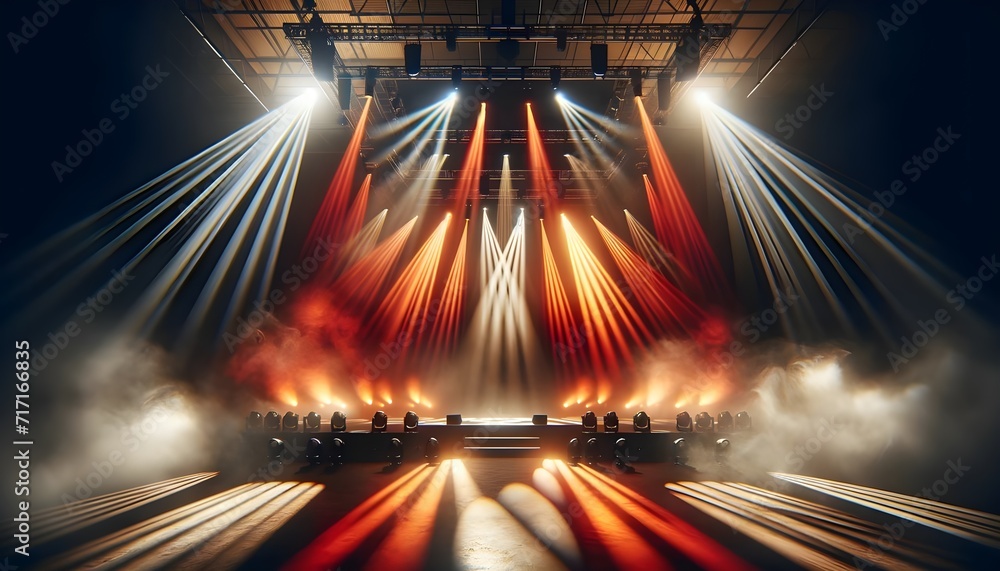 The image depicts a dramatic concert stage with beams of white and red ...