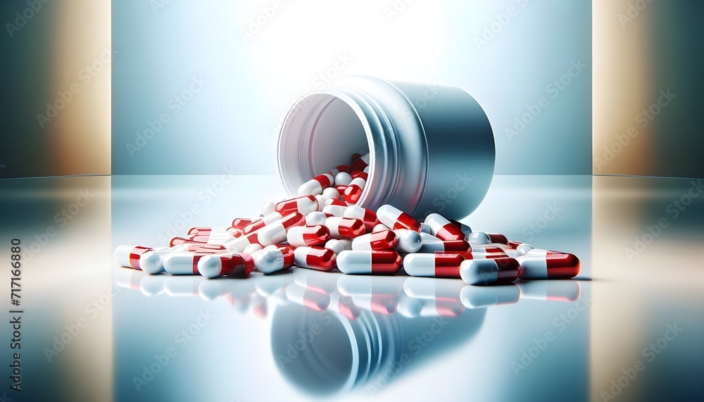 The image showcases a white pill bottle with its cap off, spilling red ...