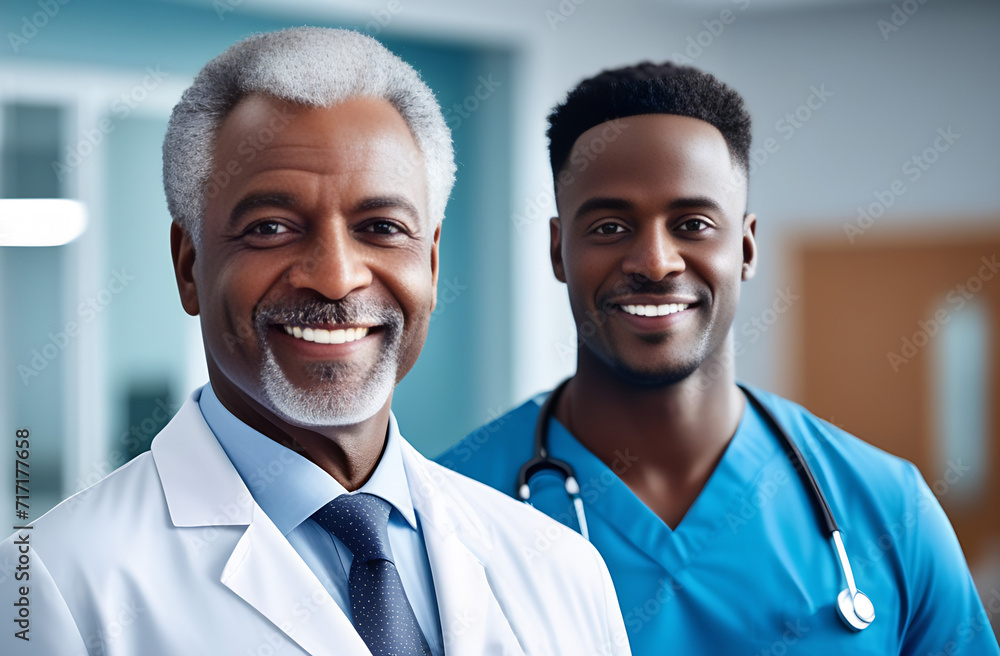 Black men doctors smiling looking at camera. young and elderly male ...
