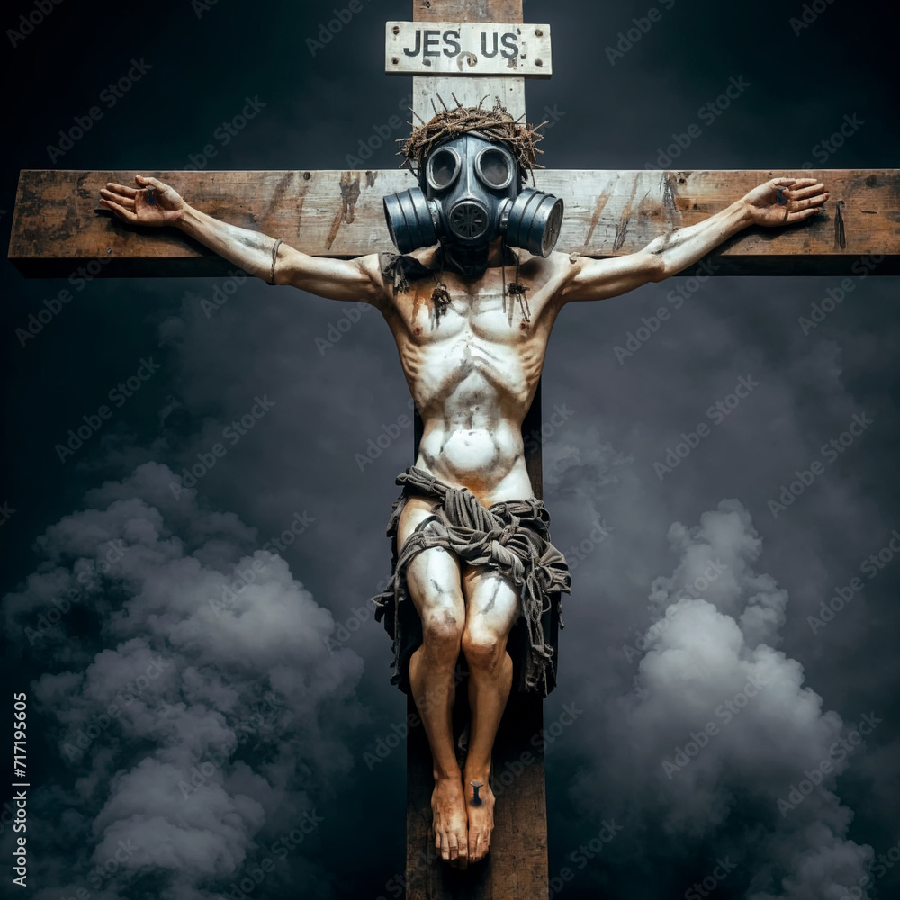 Jesus in a gas mask crucified on the cross Stock Photo | Adobe Stock