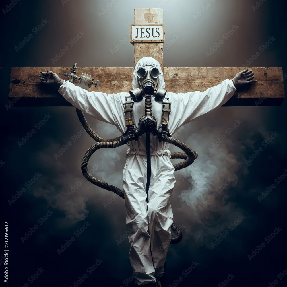 Jesus in a gas mask crucified on the cross Stock Photo | Adobe Stock