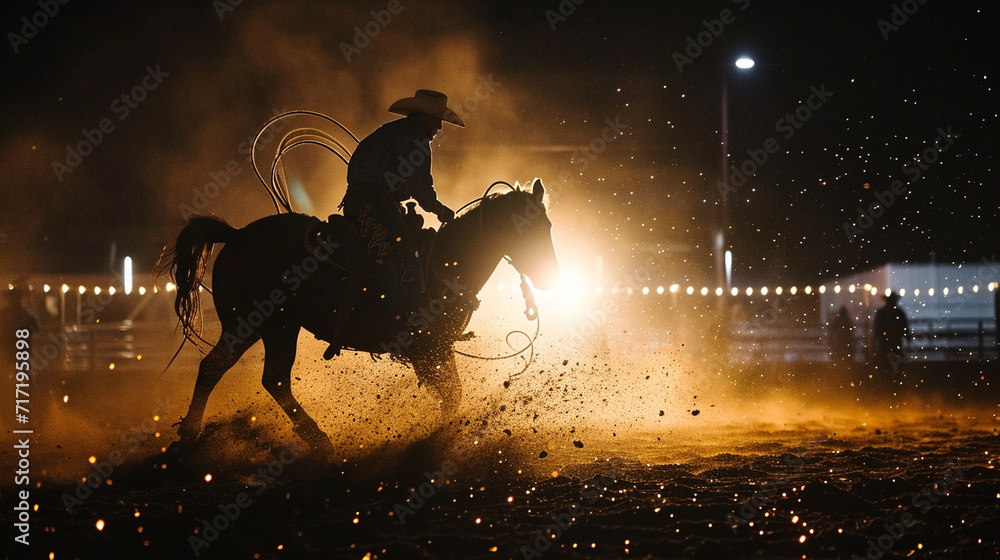 ภาพประกอบสต็อก A captivating nighttime scene at a rodeo, featuring a ...