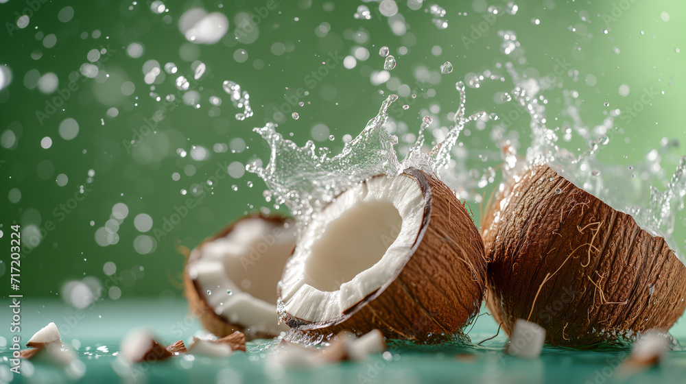 Levitation ripe coconuts with drops juice water splash , isolated on ...