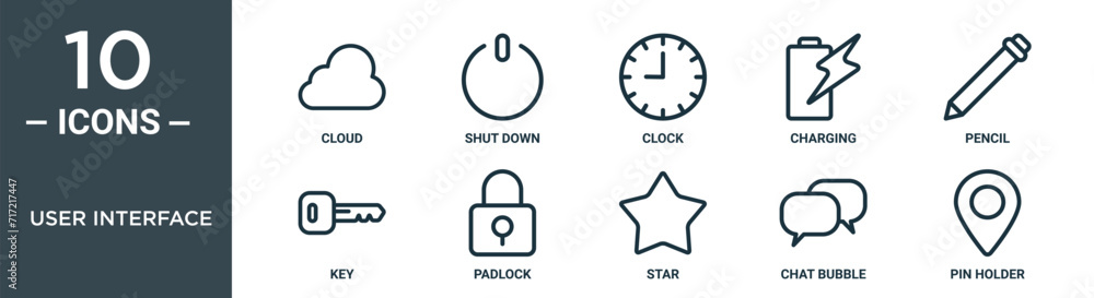 user interface outline icon set includes thin line cloud, shut down ...