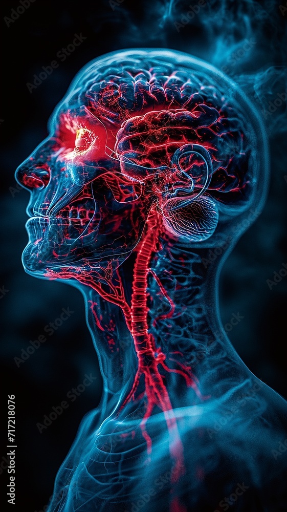Semi transparent view of a human head, detailing the brain and vascular ...