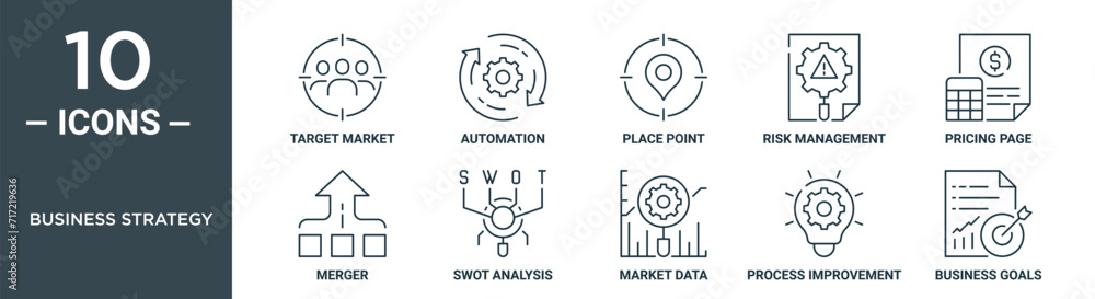business strategy outline icon set includes thin line target market ...