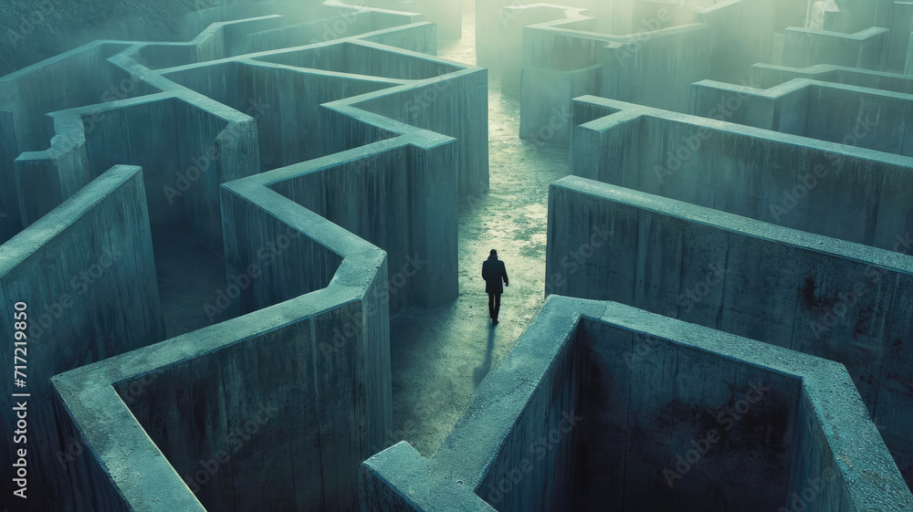 Man walks at endless concrete maze, lone man searching for way out of ...