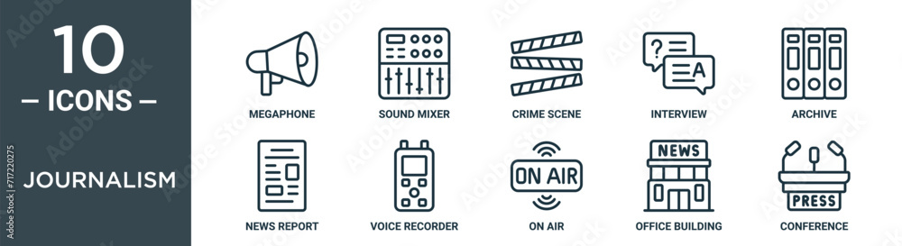 journalism outline icon set includes thin line megaphone, sound mixer ...
