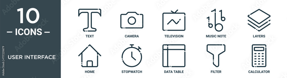 user interface outline icon set includes thin line text, camera ...