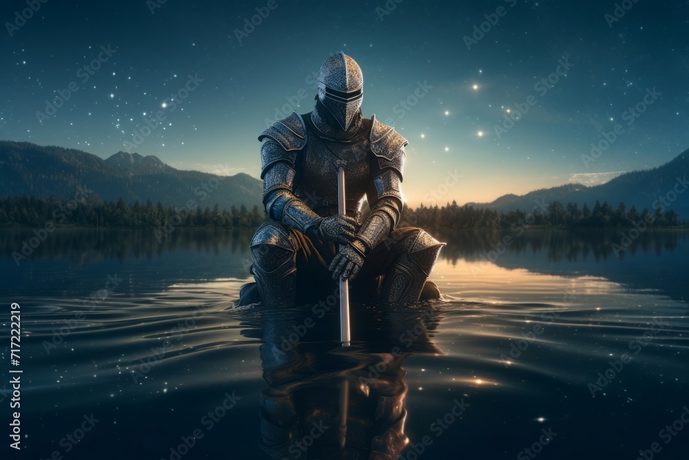 Knight kneeling leg resting. Iron and futuristic armored warrior with ...
